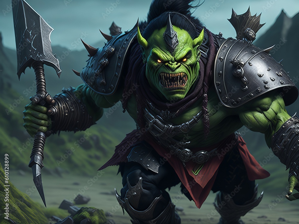 Close up of a savage orc brute heavily armored and running into battle ...