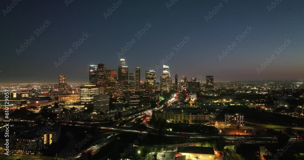 Scenic aerial view of skyscrapers in Los Angeles city at night ...
