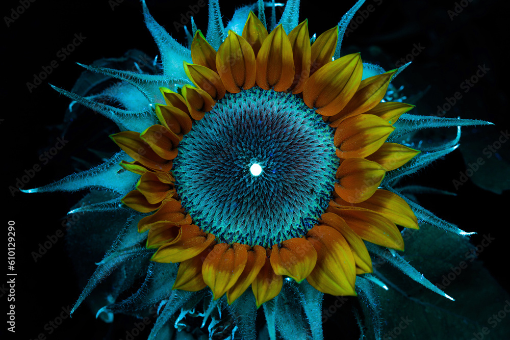 Sunflower fluorescing under UV blacklight with its red center and ...