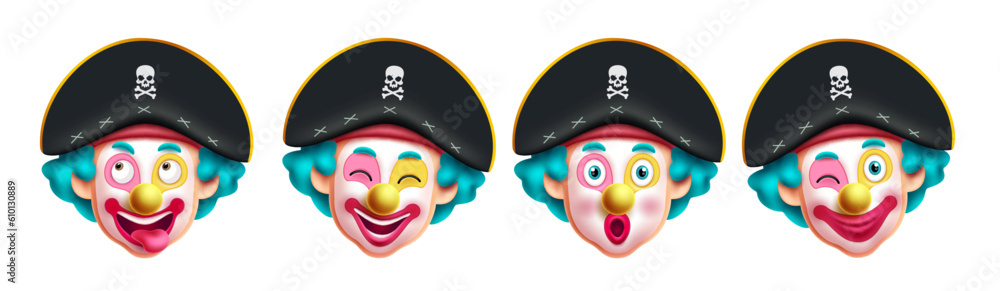 Clown pirate characters vector set design. Pirate clown costume for ...