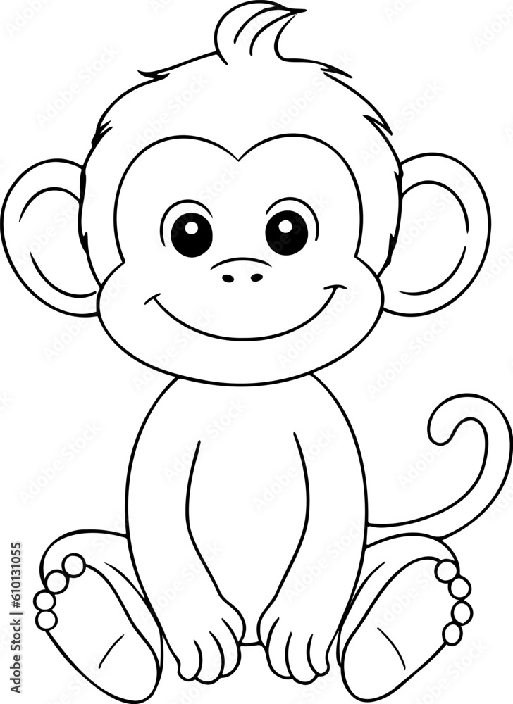 Monkey vector illustration. Black and white outline Monkey coloring ...