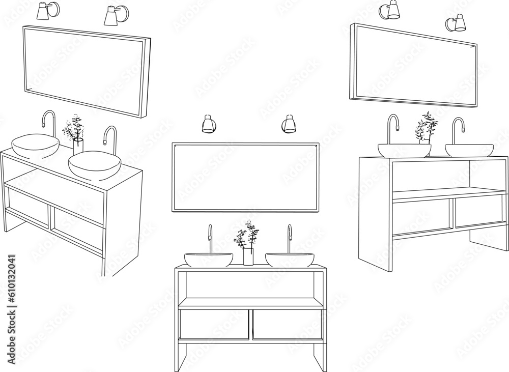 Vector illustration cartoon sketch of wooden vanity sink with mirror ...