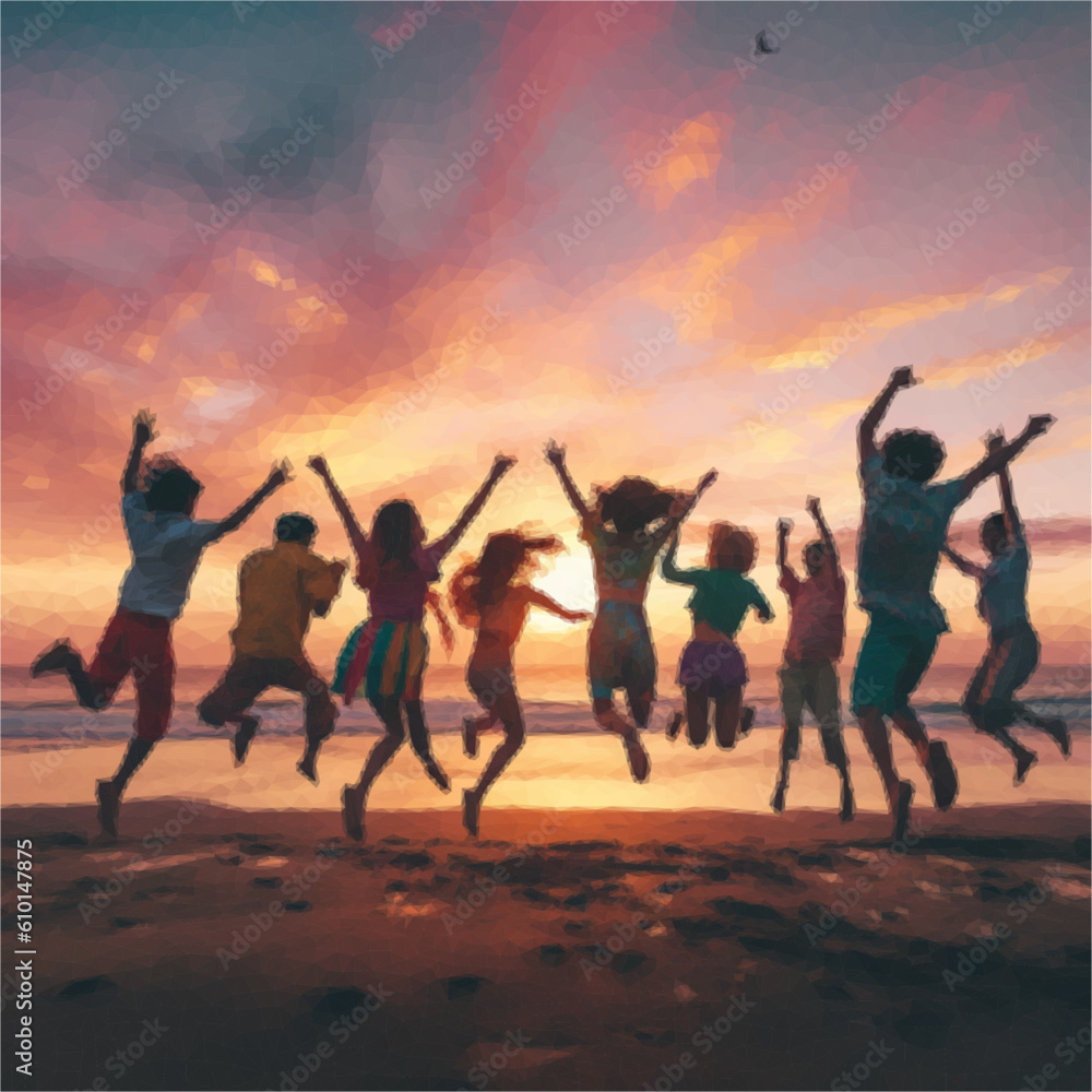 Image of silhouettes of a company of people on the seashore. Friends ...