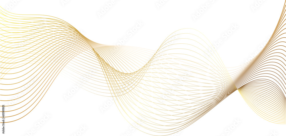 3d wavy gold lines swoosh on white background. Luxury beauty thin curves, swirl as stream flow ...