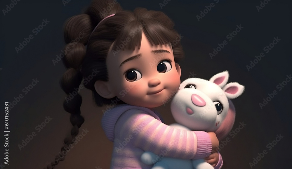 Cartoon cute little girl tightly hugging her favorite stuffy ...