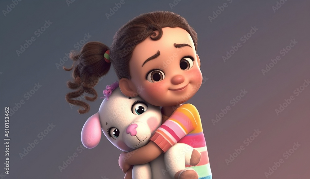 Cartoon cute little girl tightly hugging her favorite stuffy ...