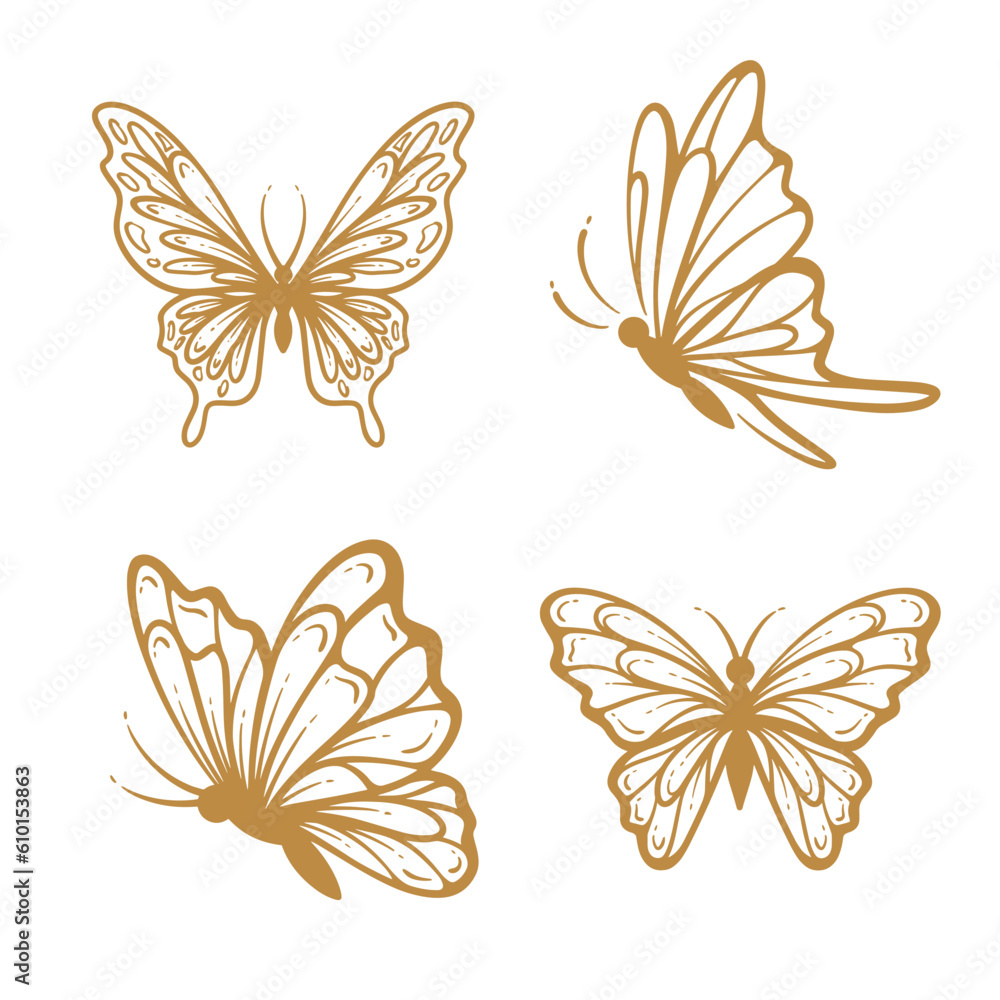 Set of butterfly line art clipart, outline hand drawn aesthetic ...