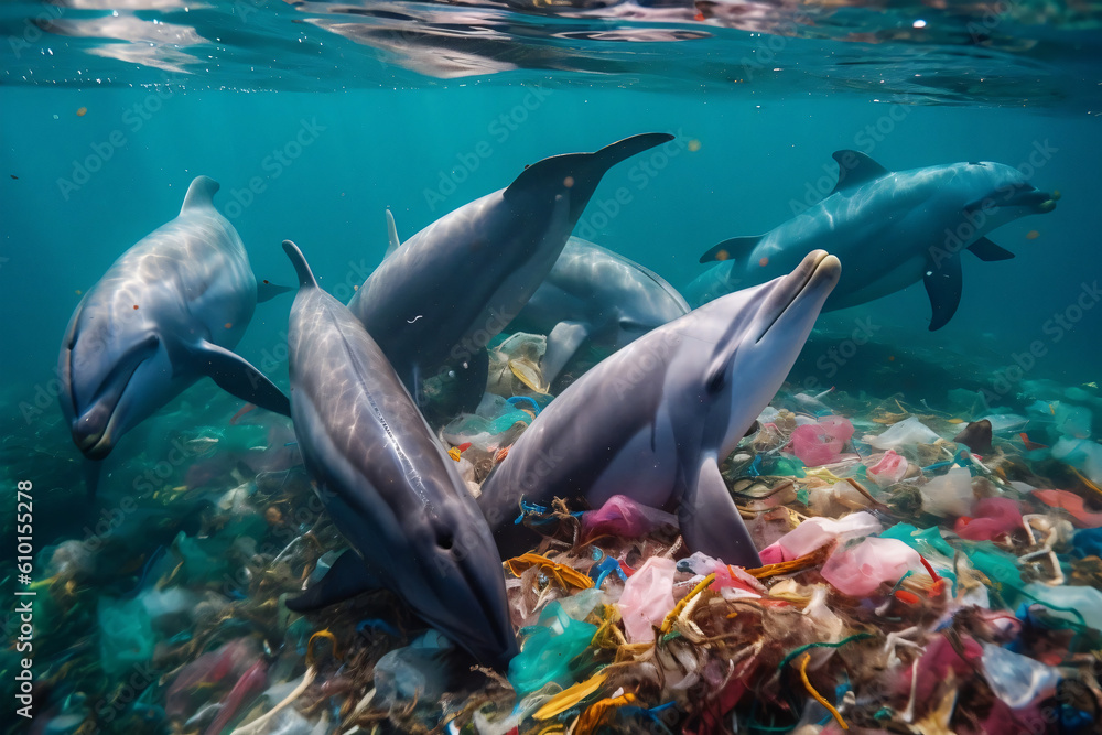 Dolphins and plastic trash in the ocean. Plastic pollution concept ...