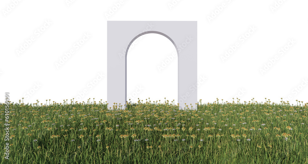grass field with with flowers abstract white arch wall 3D rendering ...