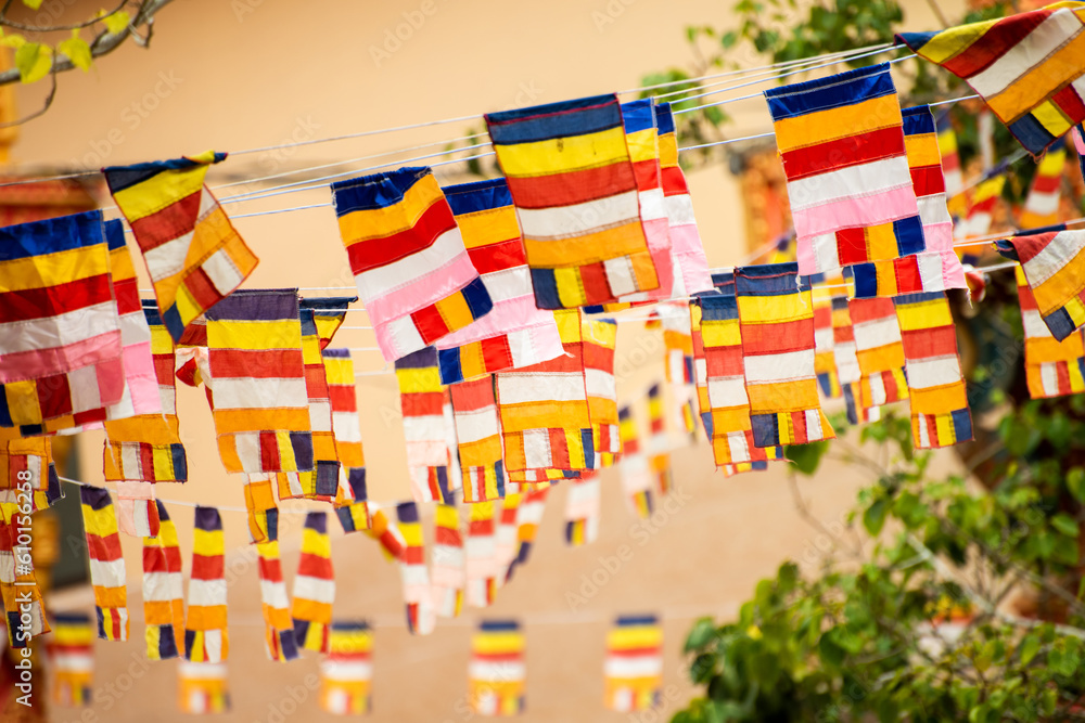 Buddhist flags are hung around the temple Stock Photo | Adobe Stock