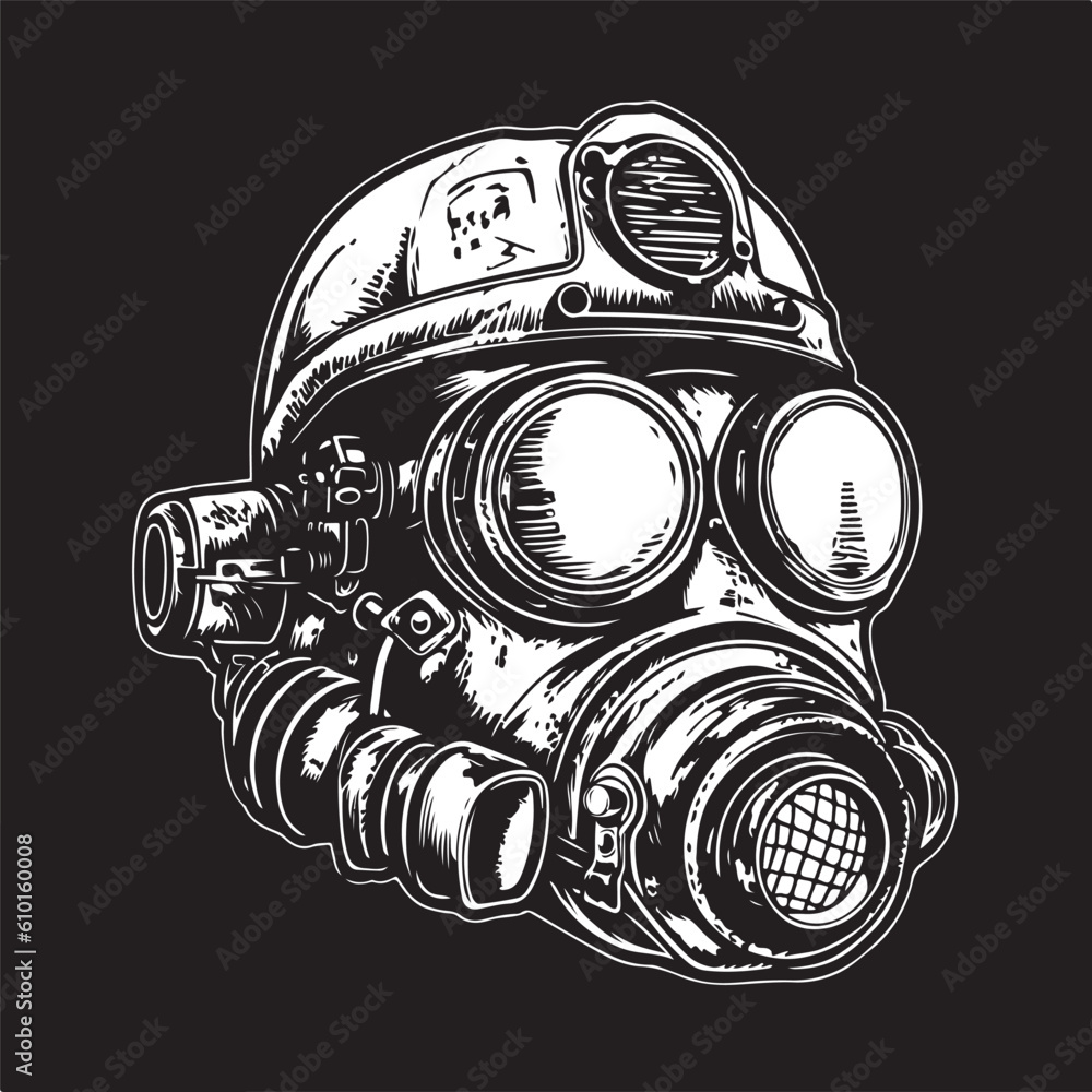 night vision helmet, vintage logo line art concept black and white ...