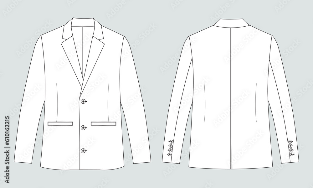 Blazer suit technical drawing fashion flat sketch vector illustration ...
