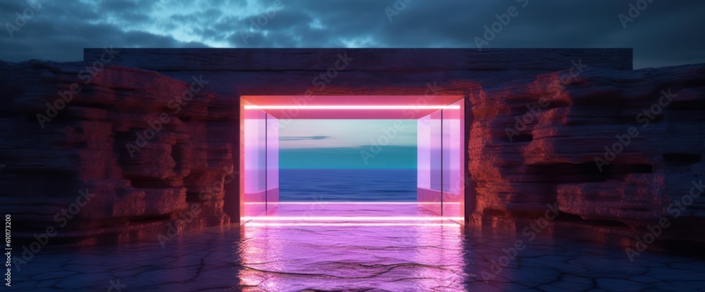 Neon lights on the cliff at night, in the style of futuristic geometric ...