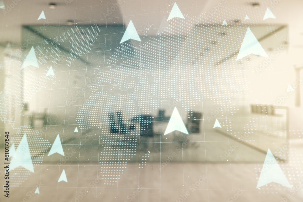 Abstract virtual geolocations map sketch on a modern furnished office ...