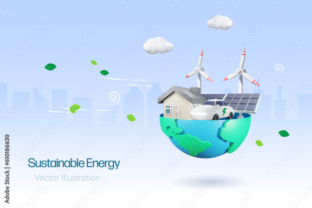 Green globe with sustainable energy, wind turbines, solar panels and EV ...