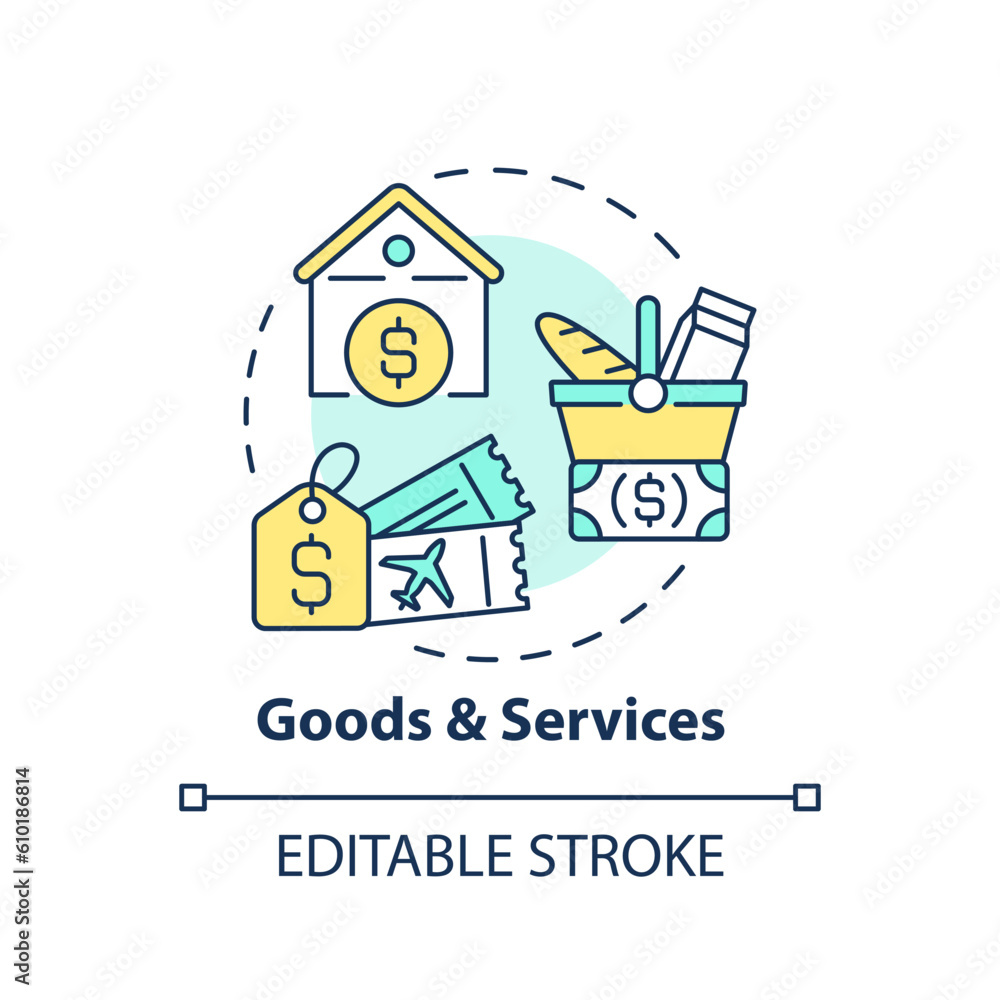 Goods and services concept icon. Basic need. Standard of living. Family ...