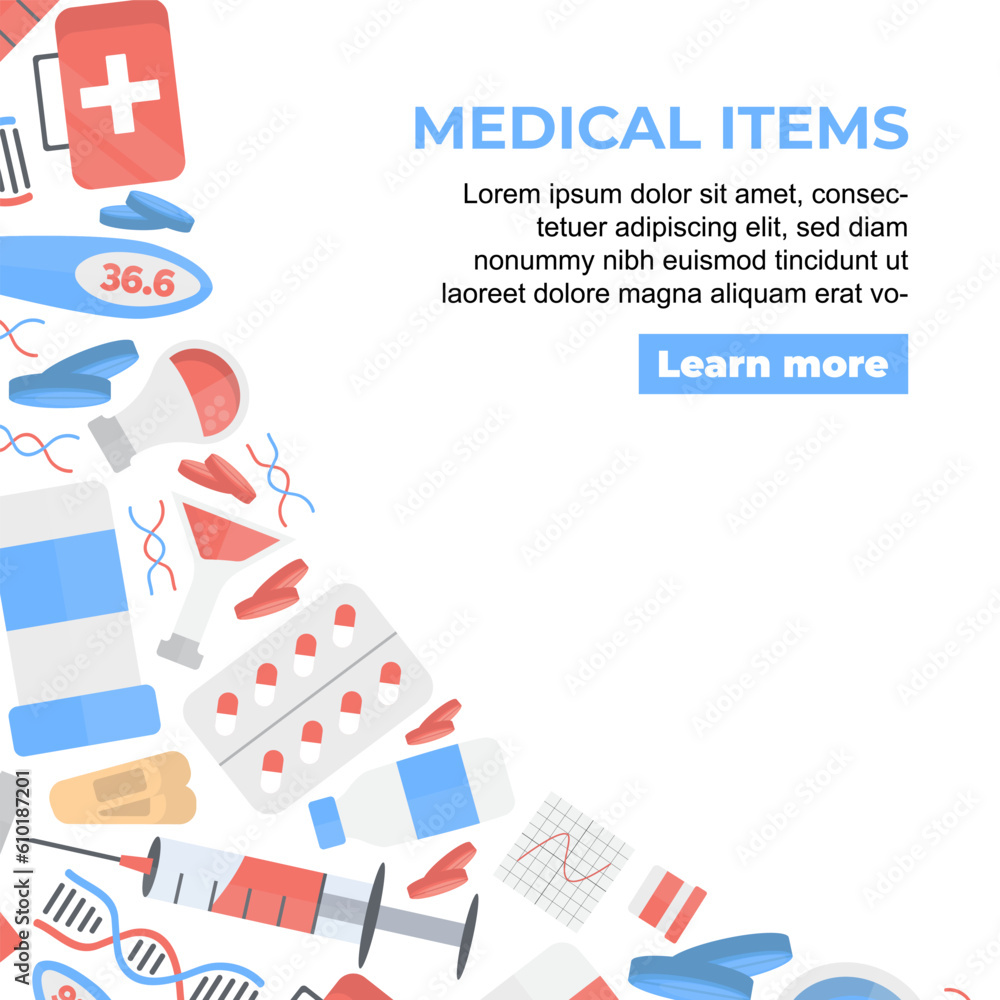 medicine, pharmacy, doctors kit, objects arranged in corner shape ...