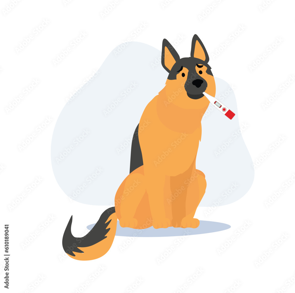 Ill dog concept. Dog with thermometer. Flat vector cartoon illustration ...