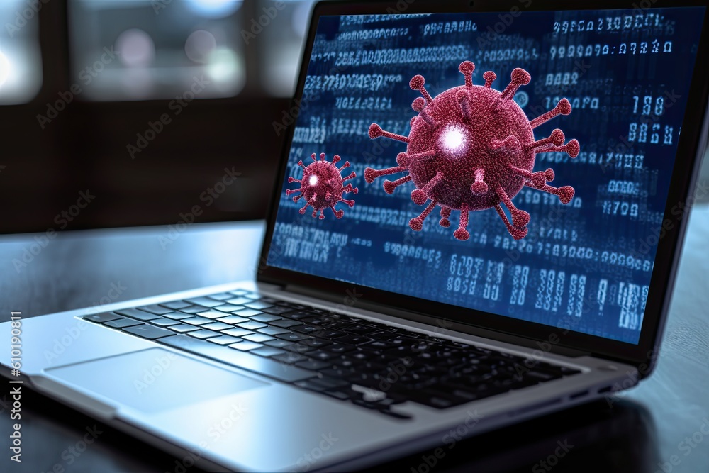 Covid 19 virus attack on laptop screen, 3d render, A laptop screen shows blue coding and a red ...
