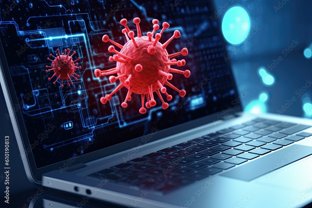 Covid 19 virus attack on laptop screen 3d render, A laptop screen shows ...