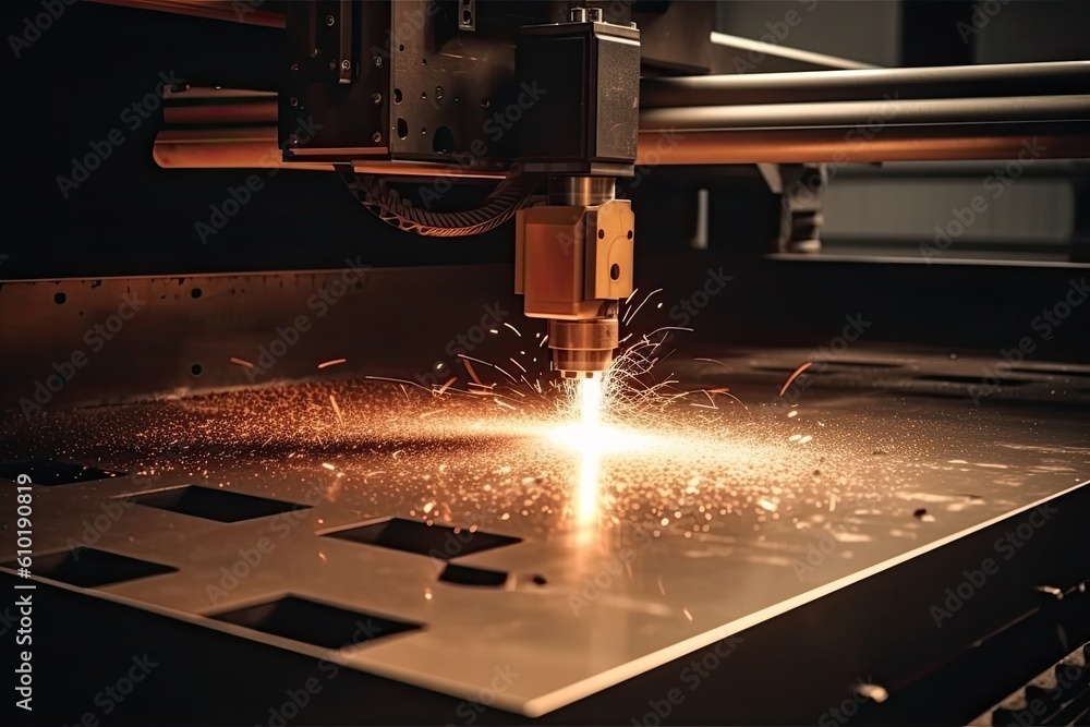 The fiber laser cutting machine cutting the sheet metal with the ...