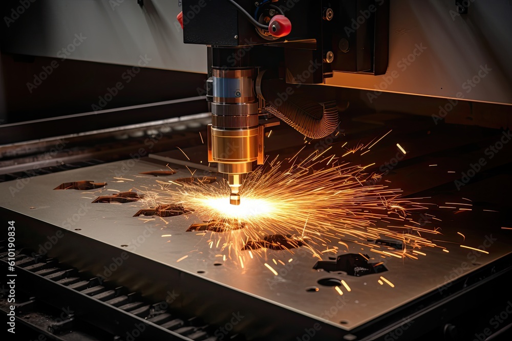 CNC laser cutting machine cutting metal with sparks. High technology ...