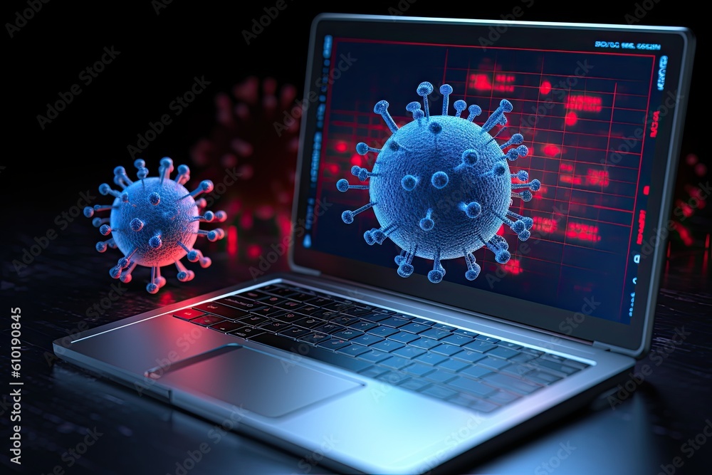 Covid 19 virus attack on laptop screen, 3d render, A laptop screen ...