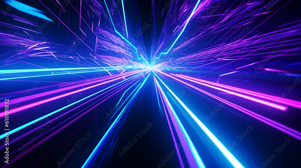 Blue pink and purple neon glow laser beam light lines moving fast ...