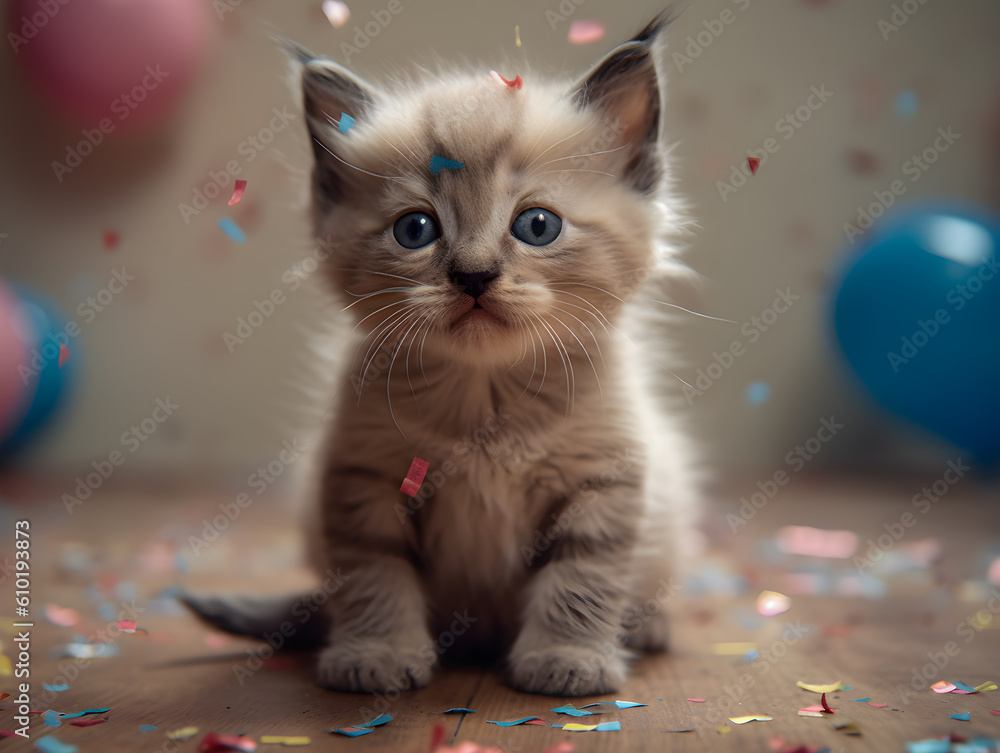 Cute Little Cat Celebrating Birthday in the Living Room on the Night ...