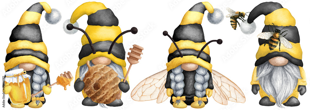 Set of watercolor bee gnomes with honey, spoon, wings, antlers. Stripy ...