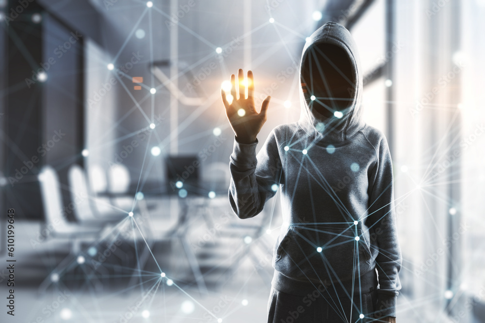 Front view of hacker using creative glowing blurry plexus on blurry ...