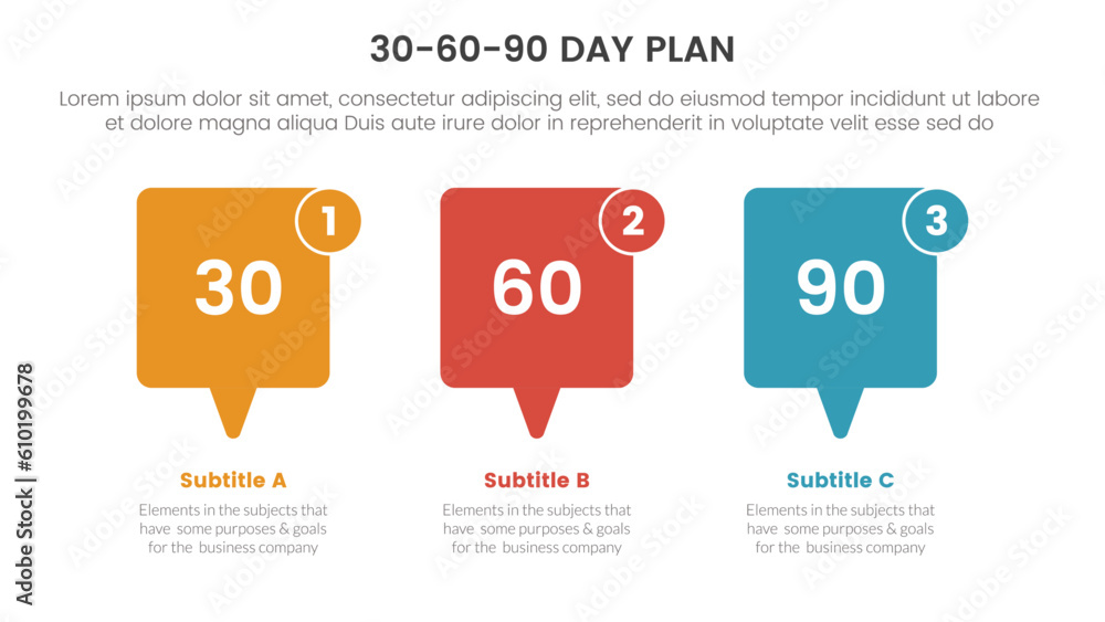 30-60-90 day plan management infographic 3 point stage template with callout box concept for ...