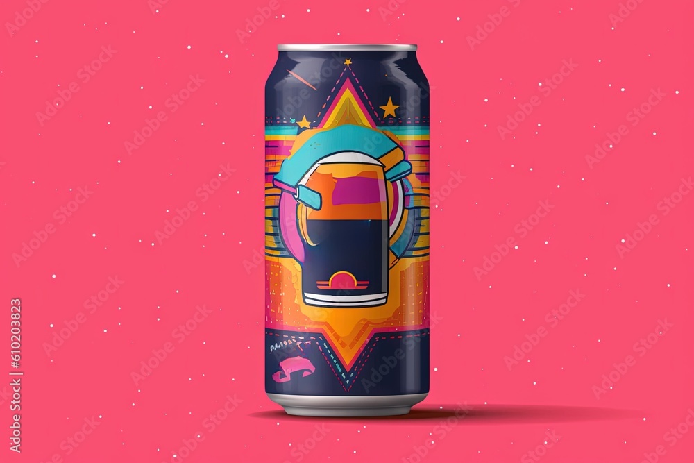A stylized illustration of a beer can adorned with retro - inspired ...