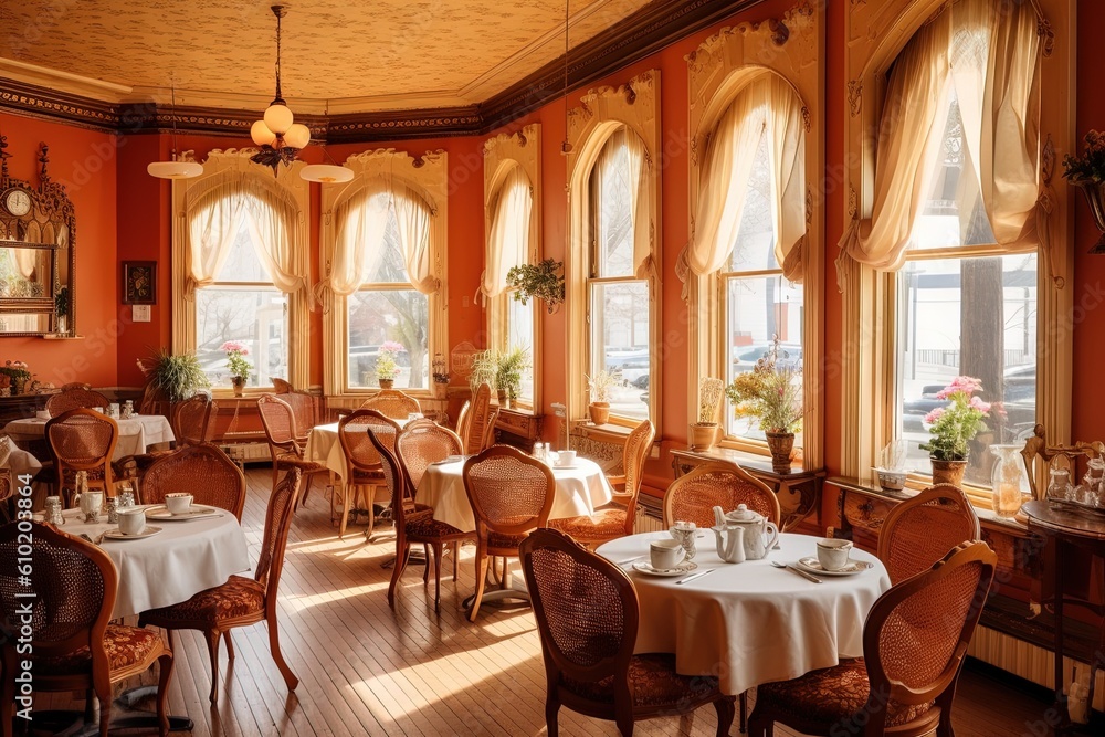 Charming Victorian - era tea room, resplendent with elegant decor and ...