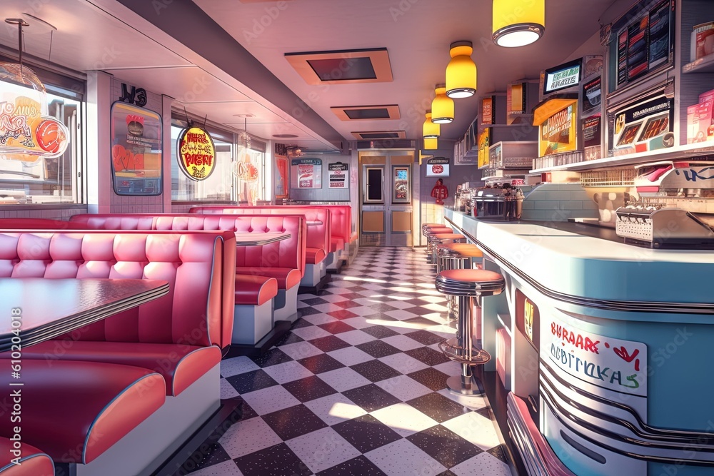 Retro 1950s diner, complete with neon lights, jukeboxes, and chrome ...