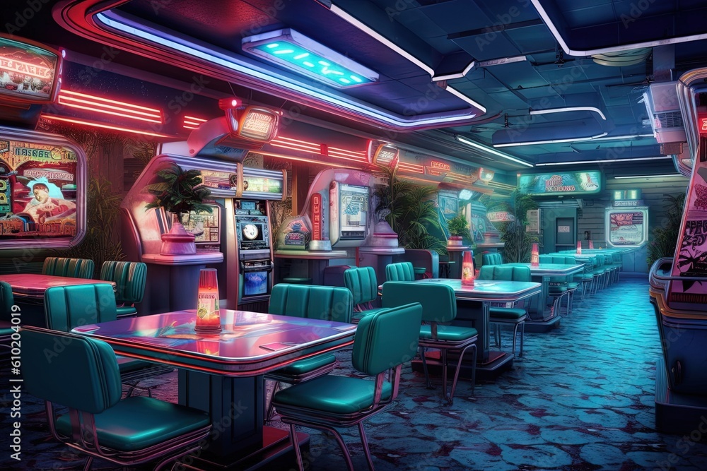 Retro - futuristic diner in the 1980s, complete with neon lights ...
