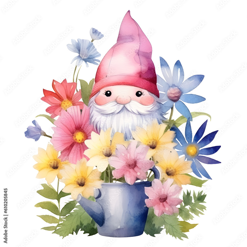 Watercolor Garden gnome with flowers Clipart Element Printable ...
