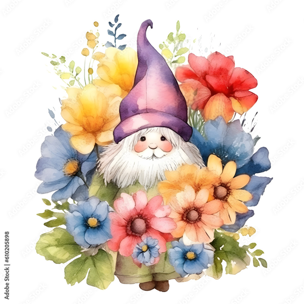 Watercolor Garden gnome with flowers Clipart Element Printable ...