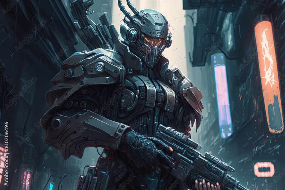 Armed super soldier with supersonic gun in the cyber city. cyberpunk ...