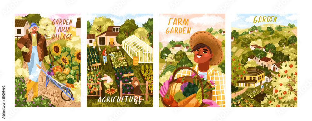 Farm, garden, agriculture cards set. Farmers, summer countryside ...