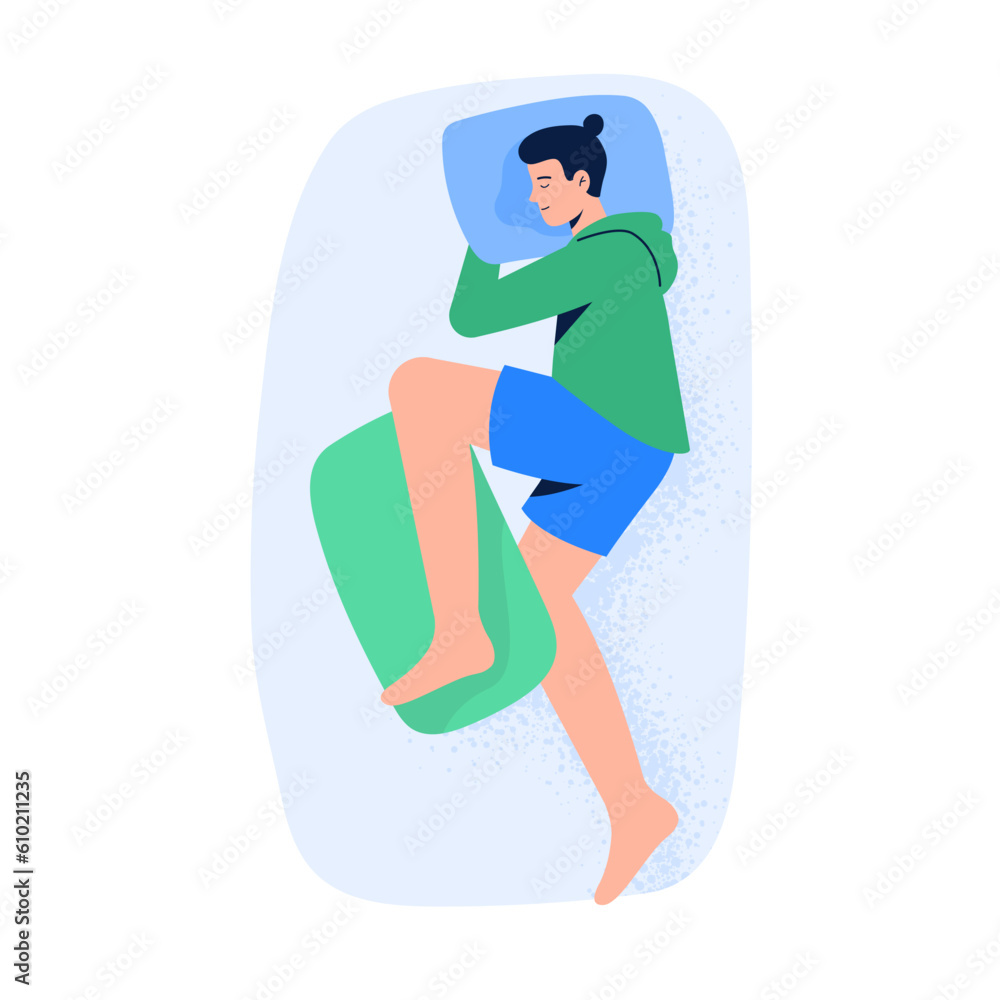 A man lying in a side pose during dream or relax. Top view of night ...