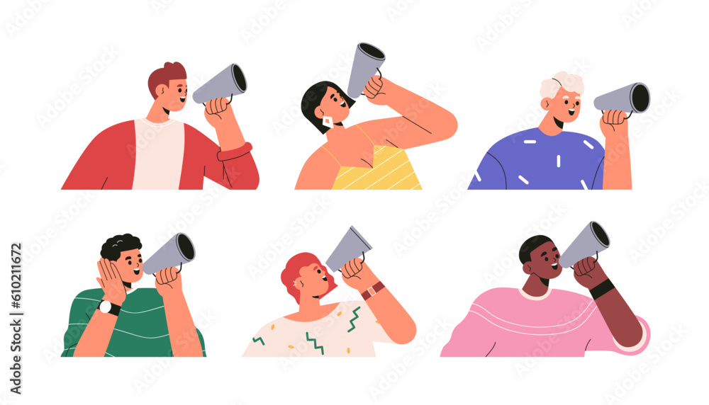 People with bullhorns in hands set. Men, women holding loudspeakers ...