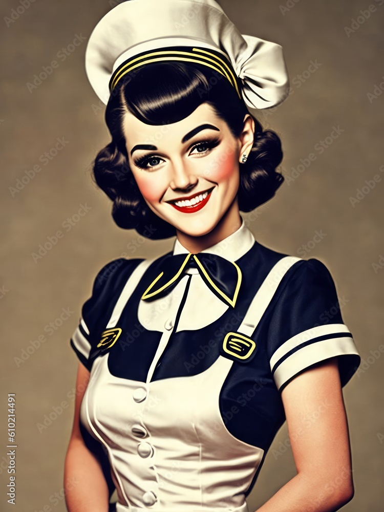 A painting of a pin-up style image of a waitress girl with a nice smile ...