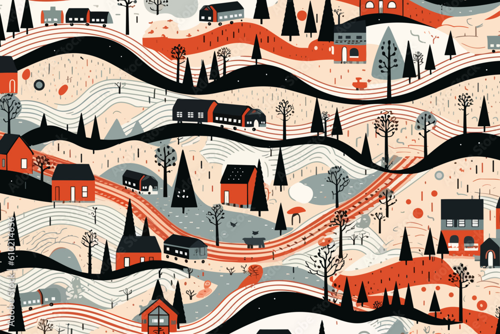 Doodle inspired Train tracks in rural settings pattern pattern, cartoon ...