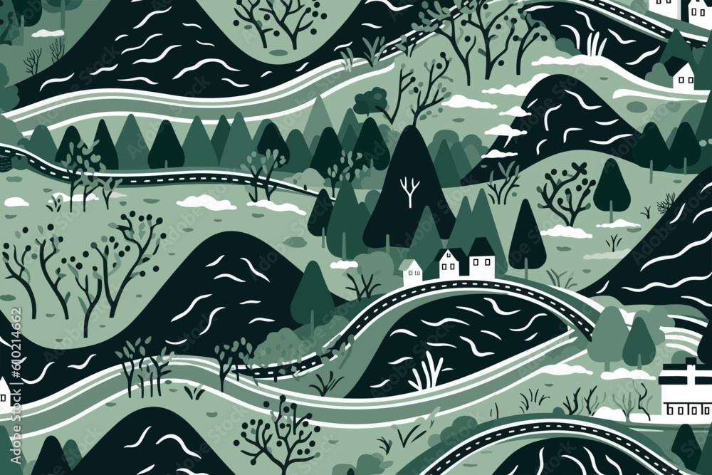 Doodle inspired Train tracks in rural settings pattern pattern, cartoon ...