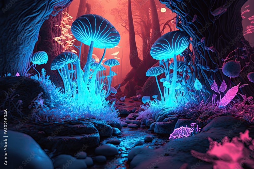 Fairyland scenery in wonderful ultraviolet forest like in fairytale ...