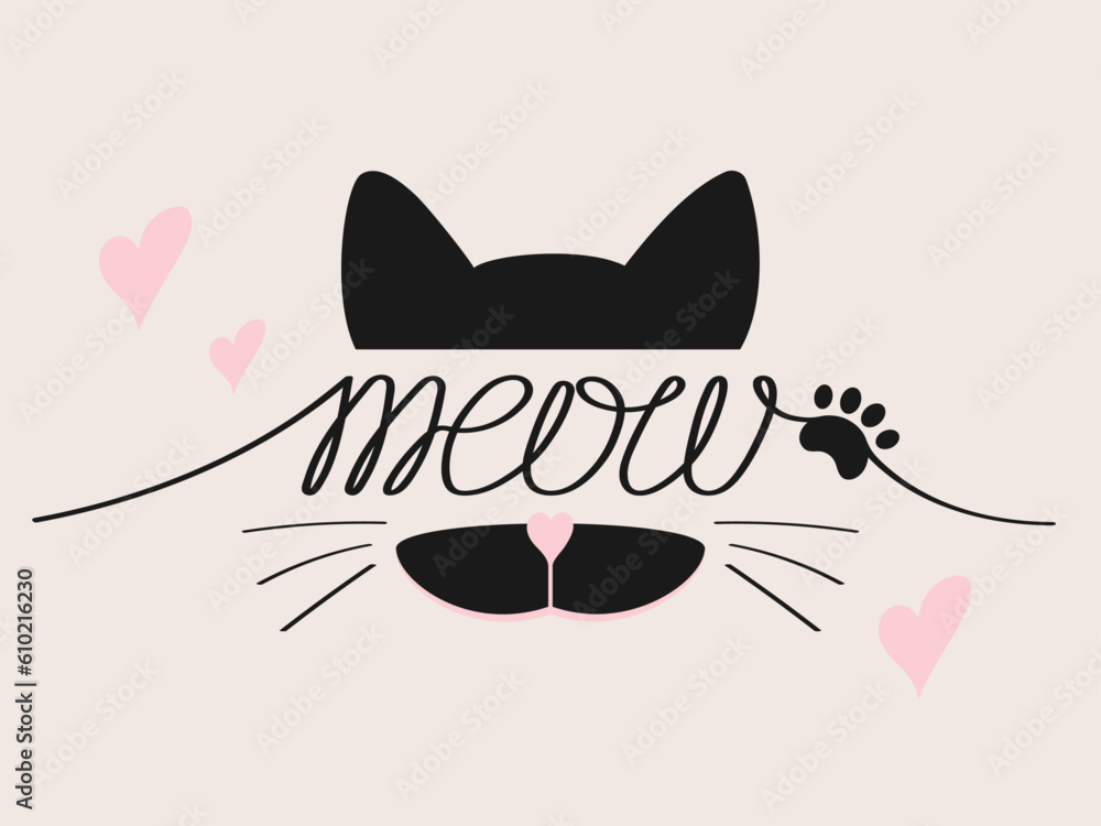 Hand written Meow lettering with cat silhouette and paws. Cute cat ...