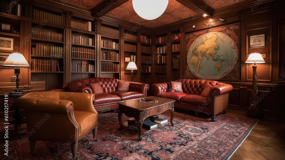 Interior design of Library in Classic style with Bookshelves decorated ...