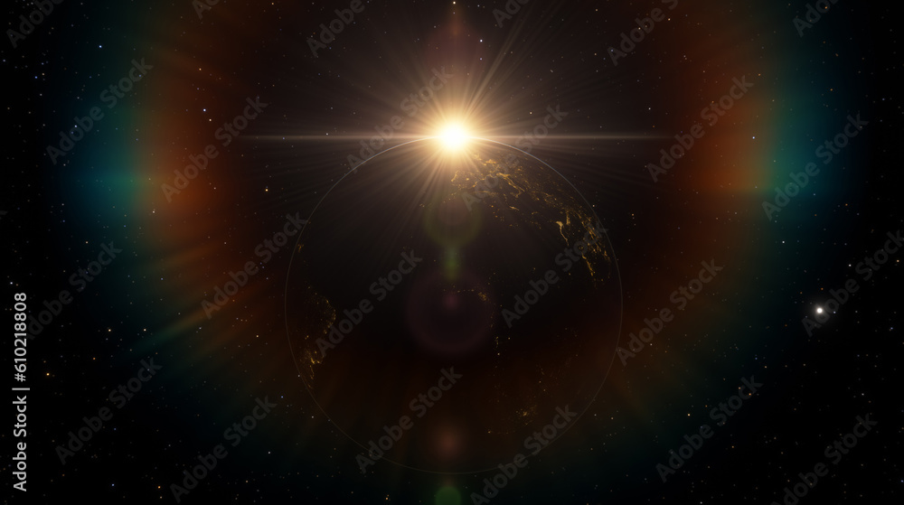 Planet Earth dawn sunset from space. Silhouette planet earth in rays of ...