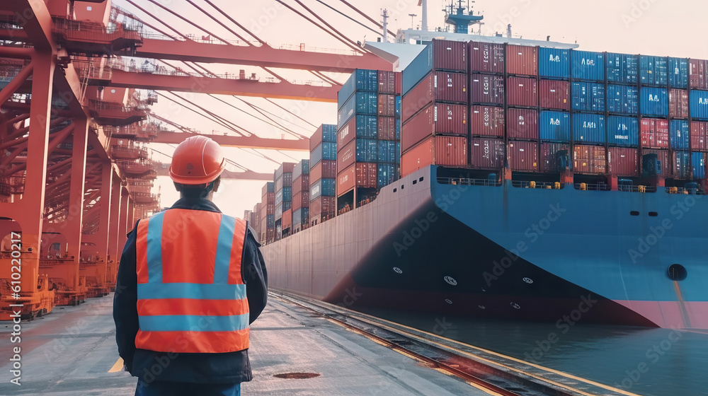 Portrait of a male engineer standing in front of a container cargo ship ...